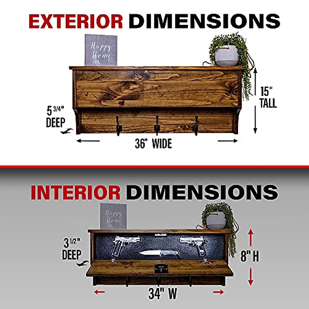 Tactical Traps Rustic Coatrack Hidden Storage with Trap Door | Compact Storage with RFID Lock | Easy Installation | Hidden 2nd Amendment Item Compartment | 36” X 15” X 5 ¾” I Dark Walnut