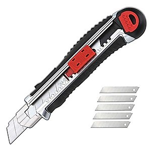 Kutir Retractable Box Cutter Utility Knife - Easy Self Loading Zinc-Alloy Heavy Duty Carpet, Rope, Cardboard Comfortable Handle Knive, 4 Sharp Rust Proof Razor Snap-Off Blades Set - Metal Safety Lock