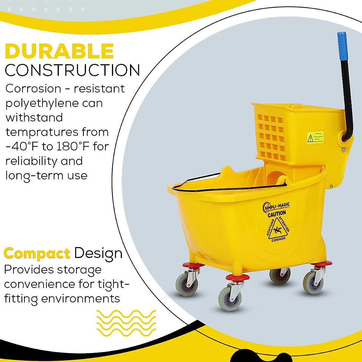 Simpli-Magic 79358 Commercial Mop Bucket with Side Press Wringer, 26 Quart, Yellow