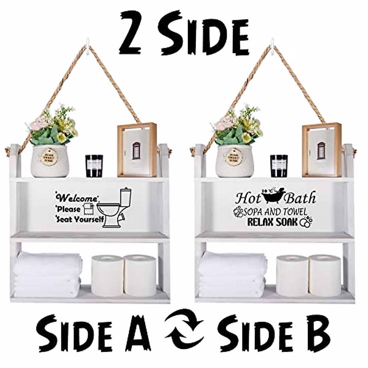 Bathroom Shelves Over Toilet, 3 Tier Toilet Top Organizer Wall Wooden Hanging Shelf for Bathroom Organizer Toilet Paper Holder Storage, Bottles Organizer, Restroom Organiser Rack (Seat&Bath)