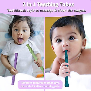 Teether Tubes for Babies 6 12 18 Months, 4 Pack Hollow Straw Toddler Teether Toys for molars, Silicone Chew Tube for Sensory Kids with Chewing or Other Special Needs, BPA Free Dishwasher Freezer Safe