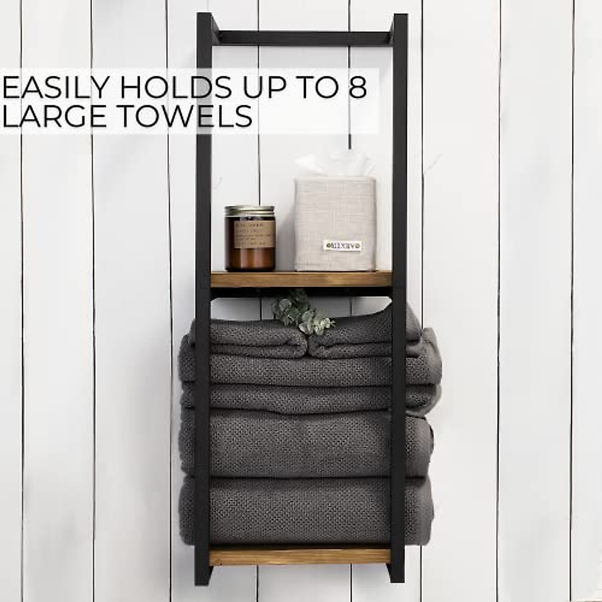 Stylish Bathroom Towel Storage Rack with Wooden Shelves – Modern & Space Saving Organizer for Wall Mount That Easily Holds 8 Large Towels - The Perfect Towel Holder to Enhance Your Bathroom Decor