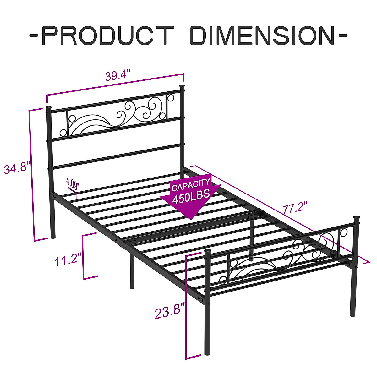 Weehom Metal Twin Bed Platform Frame Heavy Duty Steel Slat Under Bed Storage Bed Frame with Headboard, Black