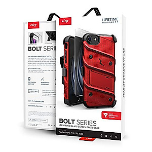 ZIZO Bolt Series for iPhone SE (3rd and 2nd gen)/8/7 Case with Screen Protector Kickstand Holster Lanyard - Red & Black