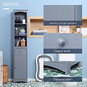 HOMCOM Bathroom Storage Cabinet, Free Standing Bathroom Storage Unit, Tall Linen Tower with 3-Tier Shelves and Drawer, Grey
