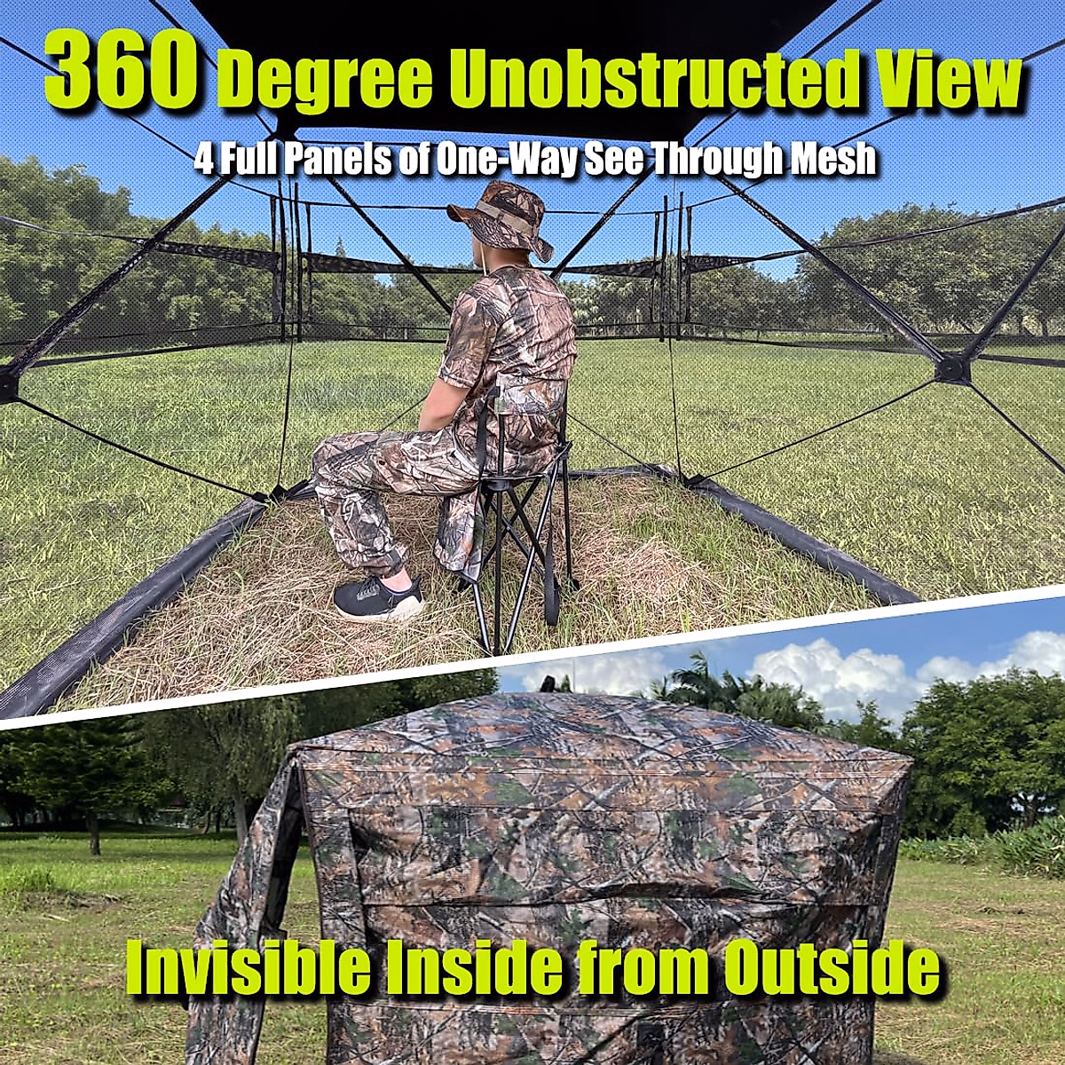 LUCKUNTER 360 Degree See Through Hunting Blind Extra Large Tall (78X78X80 inch) 2/3/4 Person Ground Camouflage Pop Up Hunting Blind for Turkey Deer Hunting