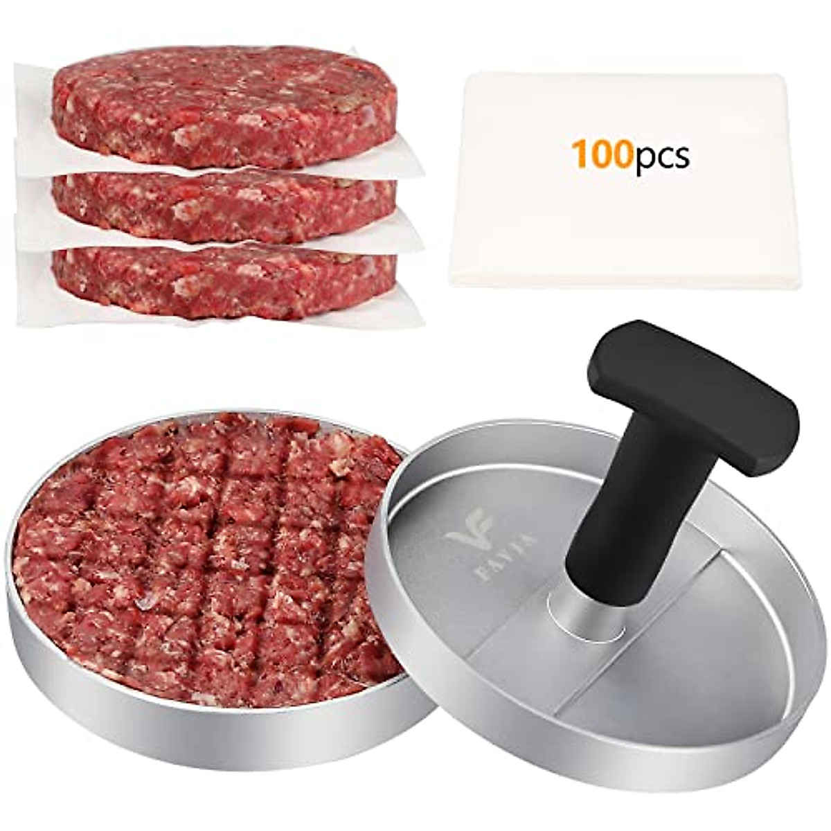 FAVIA Burger Press Patty Maker with 100 Wax Papers Set I Non-Stick Hamburger Meat Mold Ring for Beef Veggie Burger BBQ Barbecue Grill BPA Free Dishwasher Safe