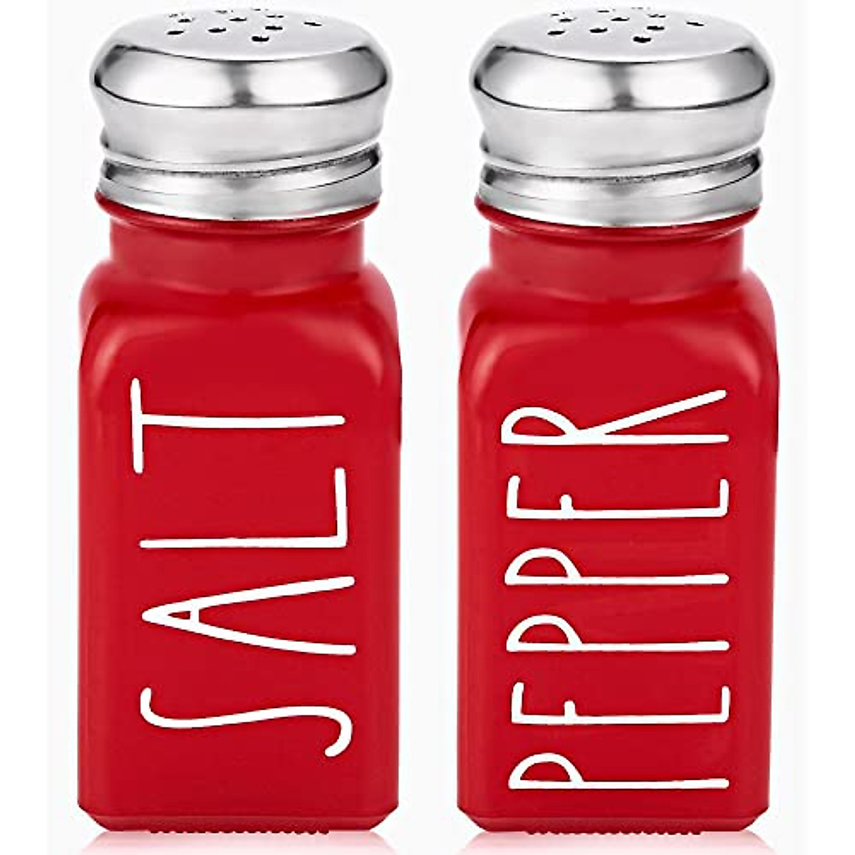 Red Salt and Pepper Shakers Set by Brighter Barns - Farmhouse Red Kitchen Decor and Accessories for Home Restaurants Weddings - Cute Modern Glass Christmas Red Shaker Sets & Stainless Steel Lid (Red)