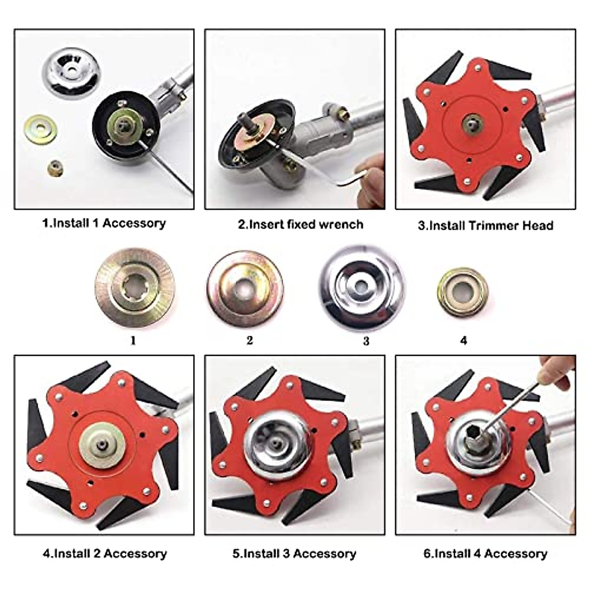 Universal 6 Teeth Trimmer Head, Blade Adapter Kit, 6 Steel Razors Trimmer Head, Thrust Plate Guard Washer, Thrust Washer, Rider Plate, Lock nut, Lawn Machine Parts Replacement Accessary