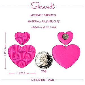 Shrandi Handmade Hot Pink Heart Earrings For Women, Cute Barbie Earrings For Teens Girls, Drop Lover Statement Earrings Unique Gifts For Mom Daughter Girlfriend