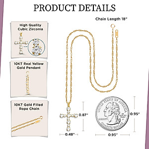 Jewelili 10k Yellow Gold Cross Pendant Necklace with 2mm and 3mm White Round Cubic Zirconia, 18" Gold Filled Rope Chain