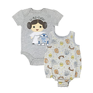 STAR WARS C-3PO Princess Leia Chewbacca R2 D2 Newborn Baby Girls Bodysuit and Romper Grey 0-3 Months