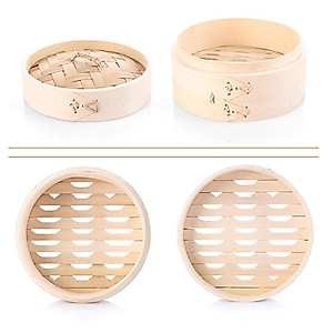 Florauspicious Bamboo Steamer Handmade Basket, Traditional 2-Tier Design - for Dumplings, Rice, Dim Sum, Vegetables, Fish and Meat - Incl. 2 Cotton Cloths (6-Inch)