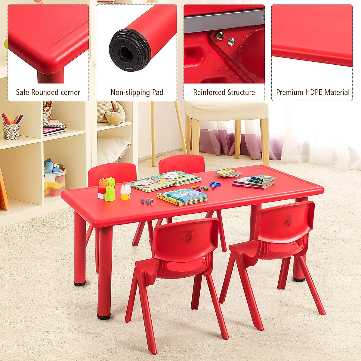 HONEY JOY Kids Table and 4 Chair Set, 48 x 24 Inch Children Rectangular Study Table with Stackable Seats, 4 Pcs Plastic Activity Toddler Furniture Set for Playroom Daycare, Gift for Boys Girls (Red)