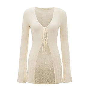 WDIRARA Women's Sheer Mesh Deep V Neck Tie Front Long Sleeve See Through Top Beige L