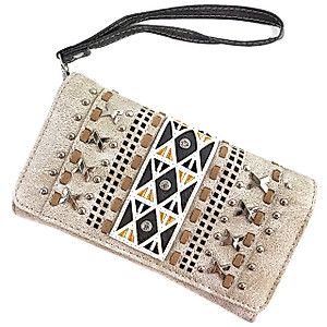 Justin West Checker Embroidery Suede Fringe Western Stud Conceal Carry Shoulder Handbag Purse | Trifold Wallet (Brown Handbag Only)