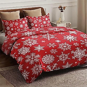 Duvet Cover Queen Size, Christmas Snowflakes Red Merry Bedding Set with Zipper Closure for Kids and Adults, Winter Xmas Crystal Comforter Cover with 2 Pillow Shams for Bedroom Bed Decor