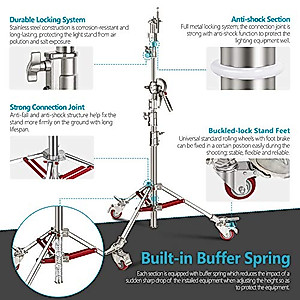 Neewer Pro 100% Stainless Steel C Stand Light Stand with Casters, Max. Height 14.4ft/440cm with 7ft/218cm Cross-Bar and Empty Sandbag for Photography Studio Reflector, Monolight and Other Equipment