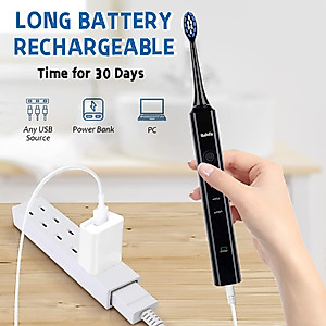 Bahfir Electric Sonic Toothbrush Ergonomic Design with 3 Modos 2 Minutes Smart Timer Rechargeable 1 Time Charge for 30 Days with 3 Brush Heads Replacement Portable for Home and Travel Adults Kids
