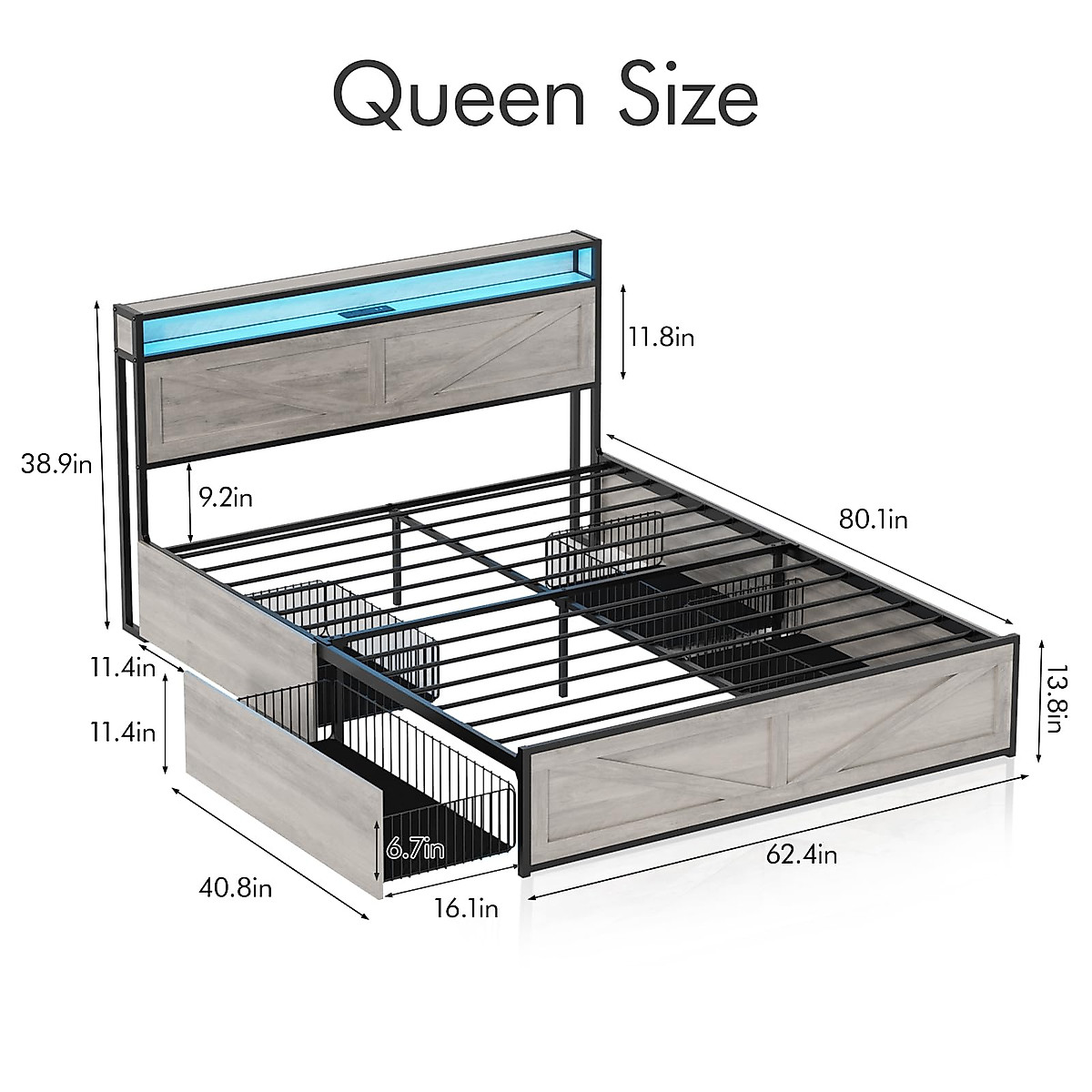 Halitaa LED Queen Size Bed Frame with Charging Station & 4 Drawers, Platform Metal Bed Frame with Headboard USB Ports Outlets, Farmhouse Bed Frame with LED Lights, Noise Free, Wash Grey (Queen)
