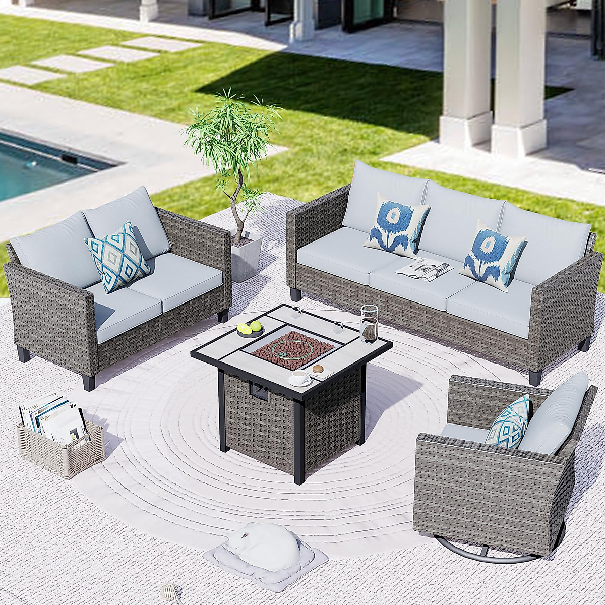 CAODOC 4 Pieces Wicker Patio Furniture Set,PE Rattan Outdoor Conversation Sofa Set with 30inch Fire Pit Table, Non-Slip Cushions and Swivel Chair(Grey)