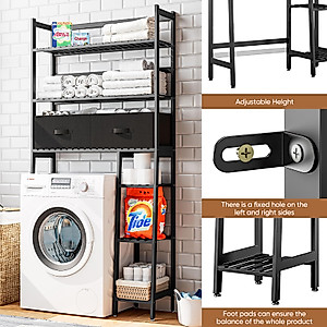 Hitogo Over The Toilet Storage Shelf - Bamboo Bathroom Organizer with Basket Drawer, Adjustable Shelf and Waterproof Feet Pad - Space Saver Storage Rack for Restroom, Laundry (Black)