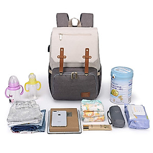 LOVANA Diaper Bag Backpack, Baby Bag, Multi-functional Travel Back Pack, Anti-Water Maternity Nappy Bag Changing Bags with Insulated Pockets Stroller Straps and Built-in USB Charging Port,Beige&Gray