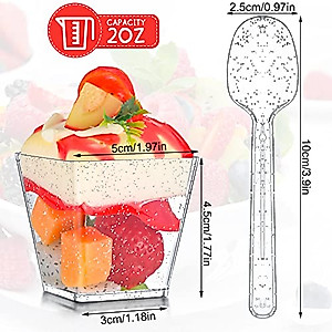 Meanplan 160 Pack 2oz Glitter Plastic Dessert Cups with Spoons 160 Disposable Square Plastic Dessert Cups and 160 Glitter Spoons for Party Dessert Appetizers (Silver)