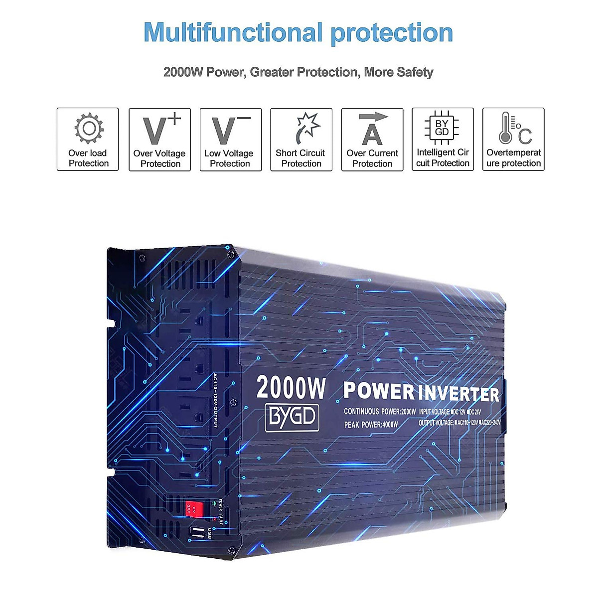 BYGD 2000W/4000W(Peak) Power Inverter 12V DC to 110V AC Converter with 4 AC Outlets Dual 2.1A USB Ports for Home, RV, Boat, Truck, Off-Grid Solar System