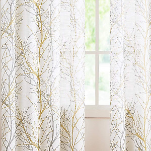 FMFUNCTEX Print Yellow Grey White Curtains for Living Room Linen Textured Tree Branches Pattern Window Treatment Set for Bedroom Window Drapes 50" W x 96" L - (2 Panels) Rod Pocket