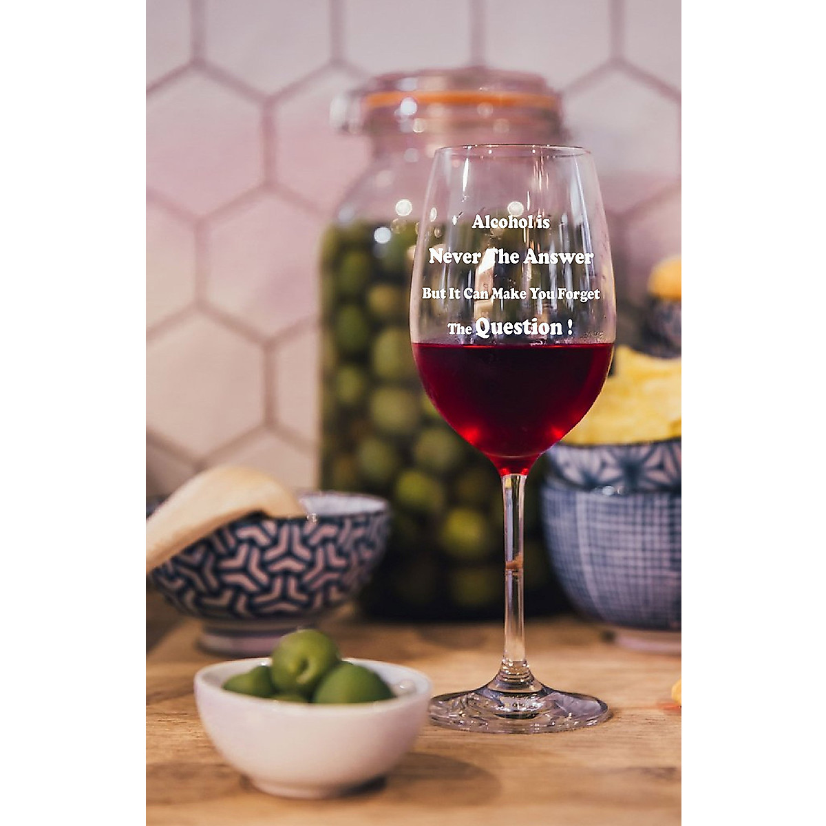 Vaci Funny Wine Glass with 2 Drink Coasters | Dishwasher Safe 15 Oz. Crystal Glass | Alcohol is Never The Answer | Fun Novelty Gift | Great for Bachelor's Parties, Birthdays, Restaurants, Bars & More