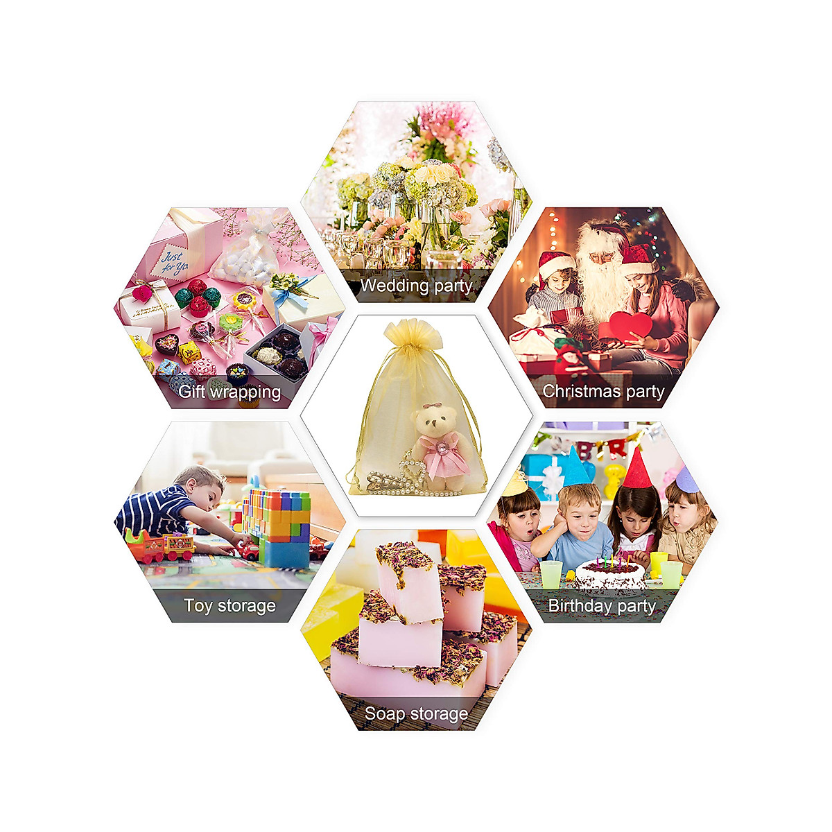 Jexila 100pcs Gold Organza Bags 6X9 Inch with Drawstring Pouch Jewelry Mesh Gift Bags for Wedding Party Favor Bags