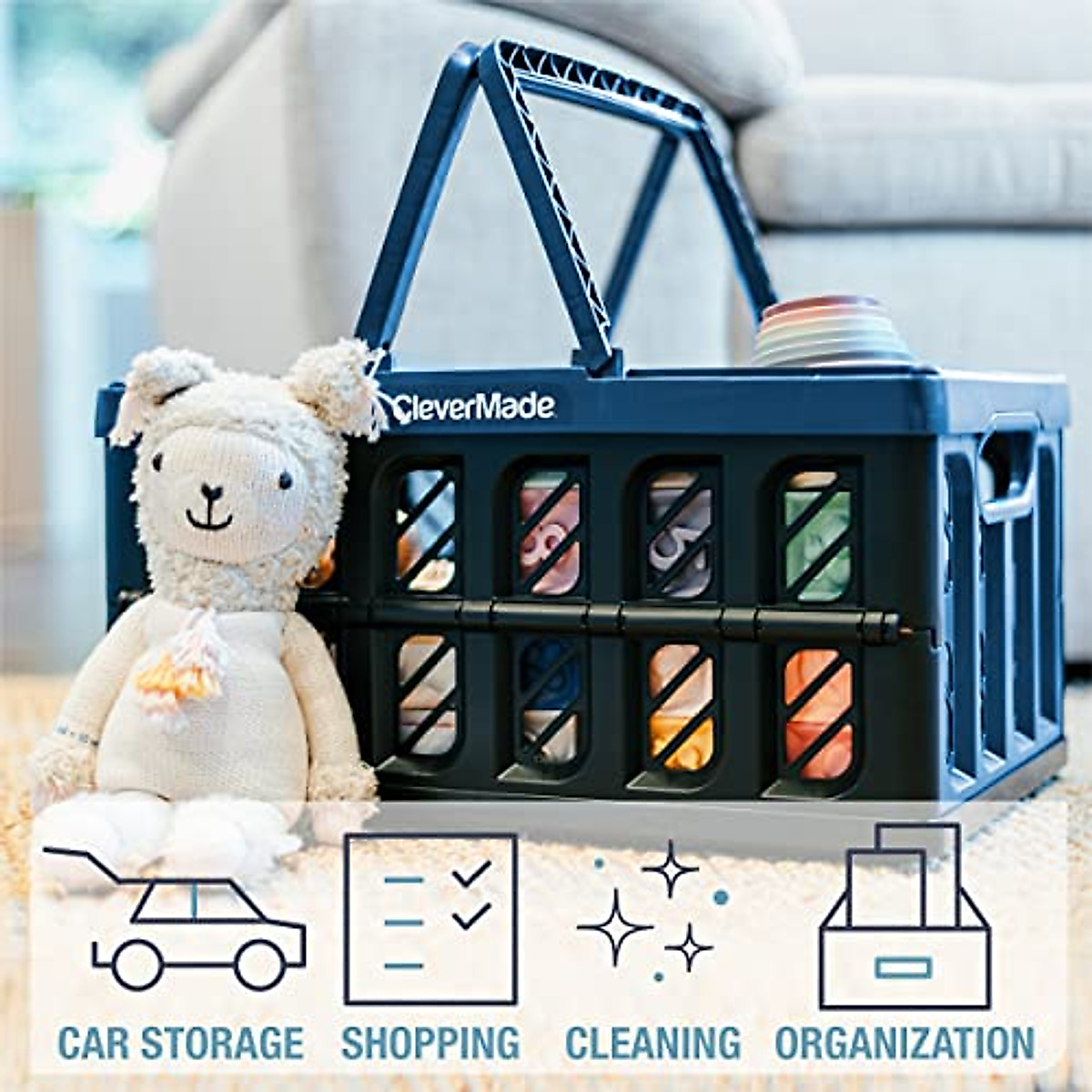 CleverMade Eco 24L Collapsible Reusable Plastic Grocery Shopping Baskets; Small Foldable Storage Crates with Handles, 3 Pack, Stone