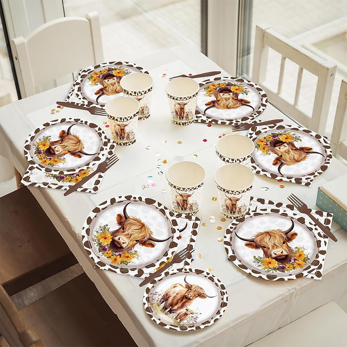 120pcs Highland Cow Birthday Party Supplies Plates Napkins Holy Cow Paper Disposable Tableware Set Cups Forks for 24 Guests