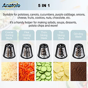 Anatole Electric Cheese Grater Shredder 250W Stainless Steel Automatic Vegetable Chopper Slicer Professional Salad Maker Food Processor Machine with 5 Blades for Home Kitchen BPA-Free 110V US-Plug