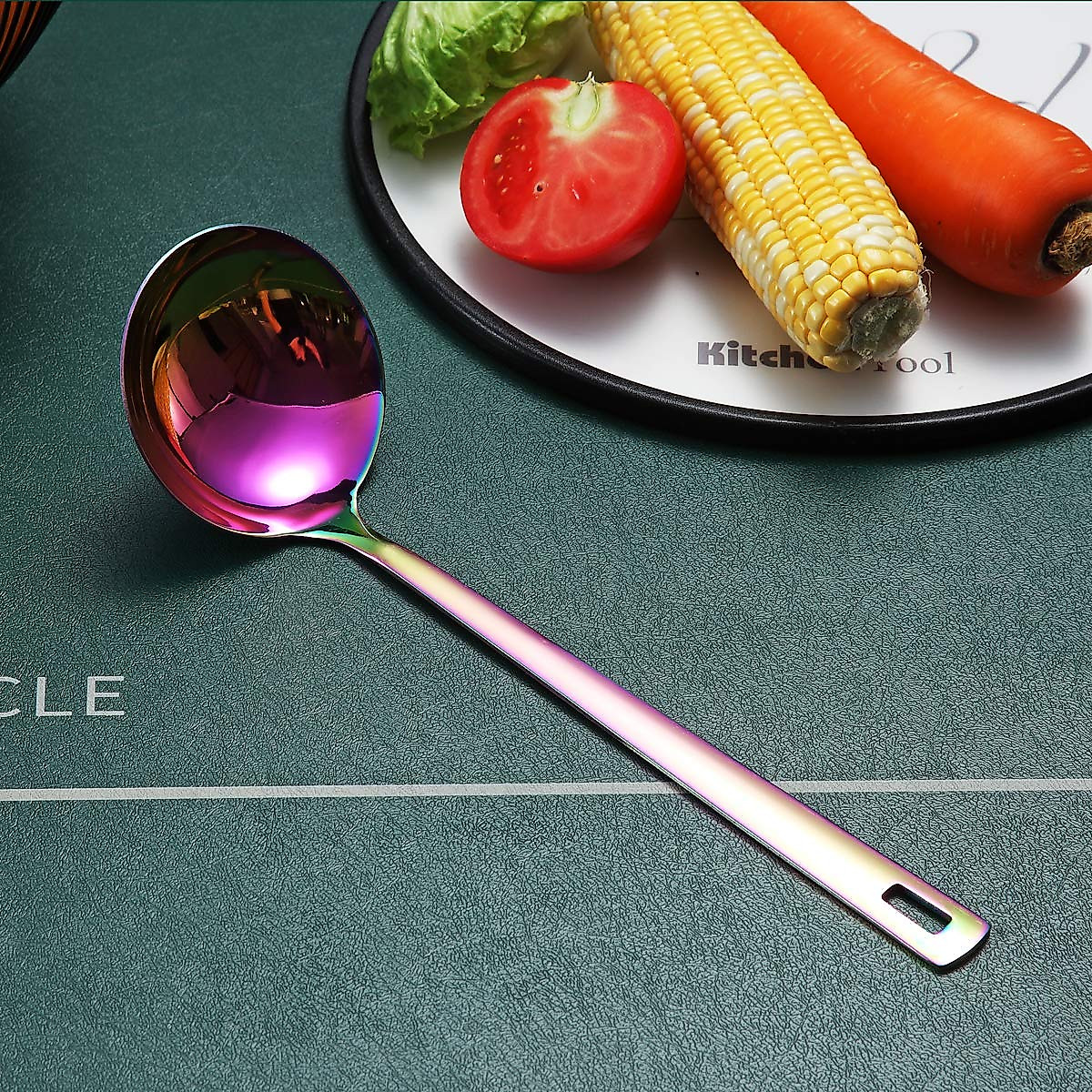 HOMQUEN Ladle, Stainless Steel Kitchen Ladle with Titainium Rainbow Plating, Soup Ladle, Cooking Ladle, Metal Soup Spoon for Cooking, Dishwasher Safe