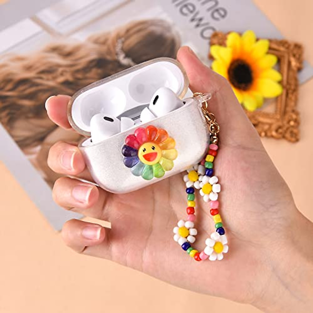 Cute AirPod Pro 2 Case Smile Sun Flower Bracelet Design Soft Silicone Clear Glitter Protective Cover Compatible with Airpods Pro 2nd Generation 2022 Case