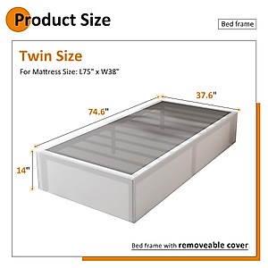 Maenizi Twin Bed Frame with White Fabric Cover 14 Inch, Heavy Duty Metal Bed Frame Twin, No Box Spring Needed, Support Up to 2500 lbs, Easy Assembly, Noise Free, Black