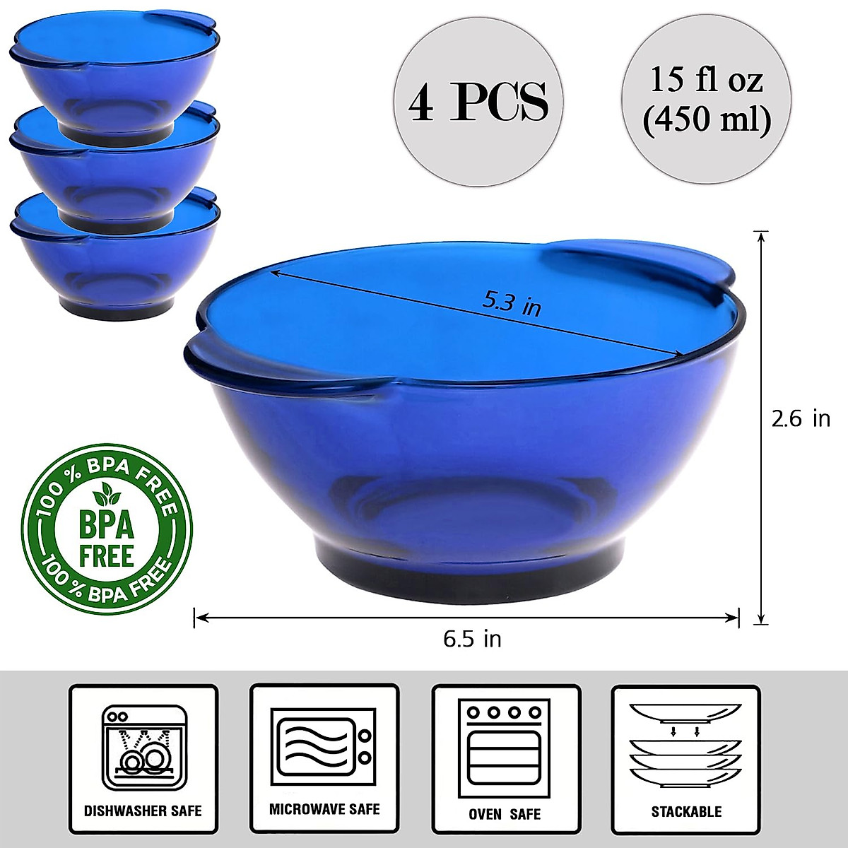 STP GOODS Glass Dinner Plates - Set of 4, Blue Cobalt Transparent Glass Eating Plates, Circular Glass Dinnerware for Salad, Bread, Dinner (15 Oz Glass Dessert Cup Set, Set of 4)