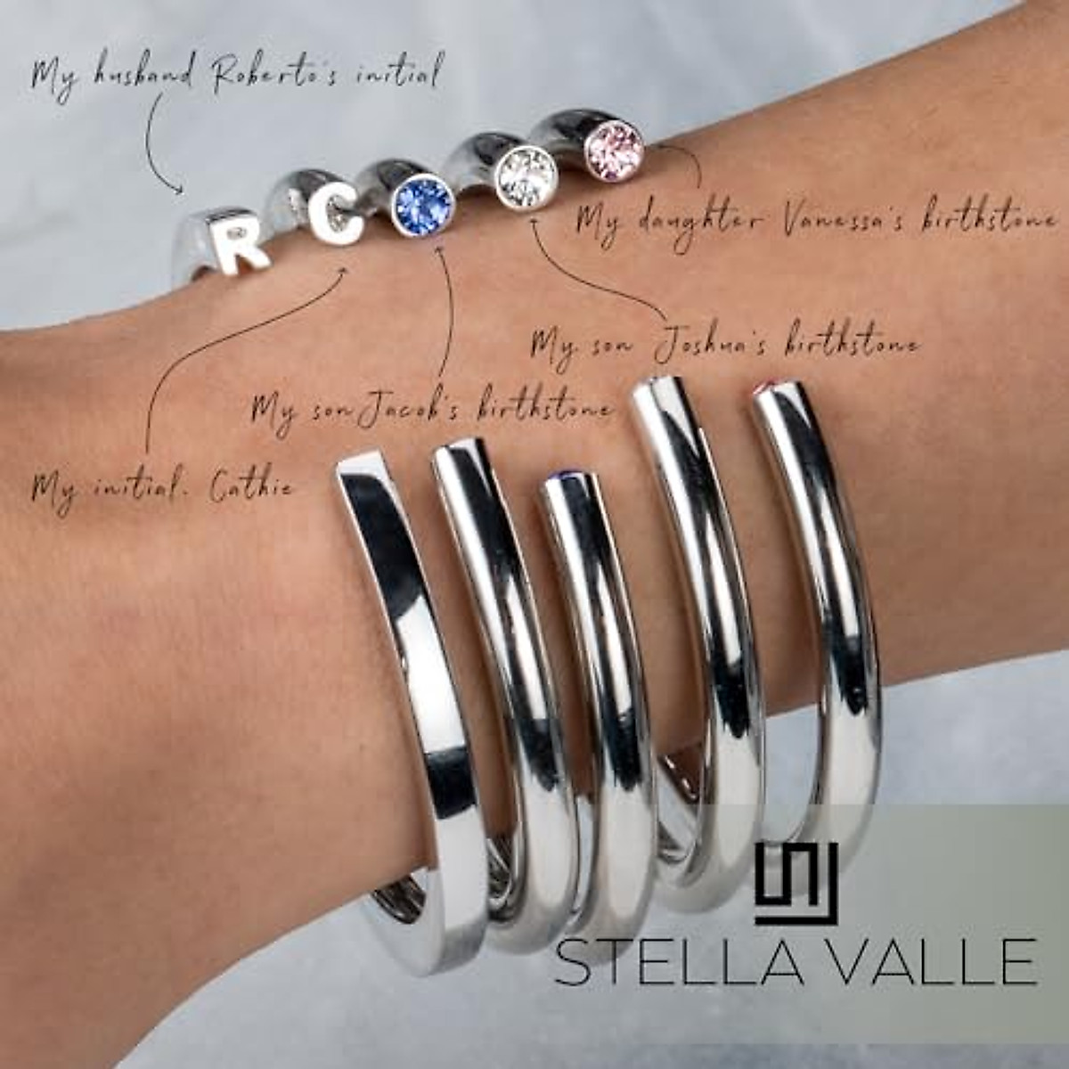 Stella Valle "C Initial Charm Cuff Bracelet | Rhodium Plated Inspirational Bracelets for Women | Adjustable Band Bracelet Gift for Her in the Shape of Initial | Birthday Holiday Present | One Size