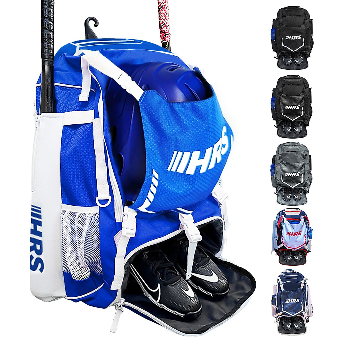 Hit Run Steal Blue Softball Baseball Bag - Holds 4 Bats, Glove, Water Bottle, Shoe Compartment, Helmet, Fence Hook for Equipment & Gear