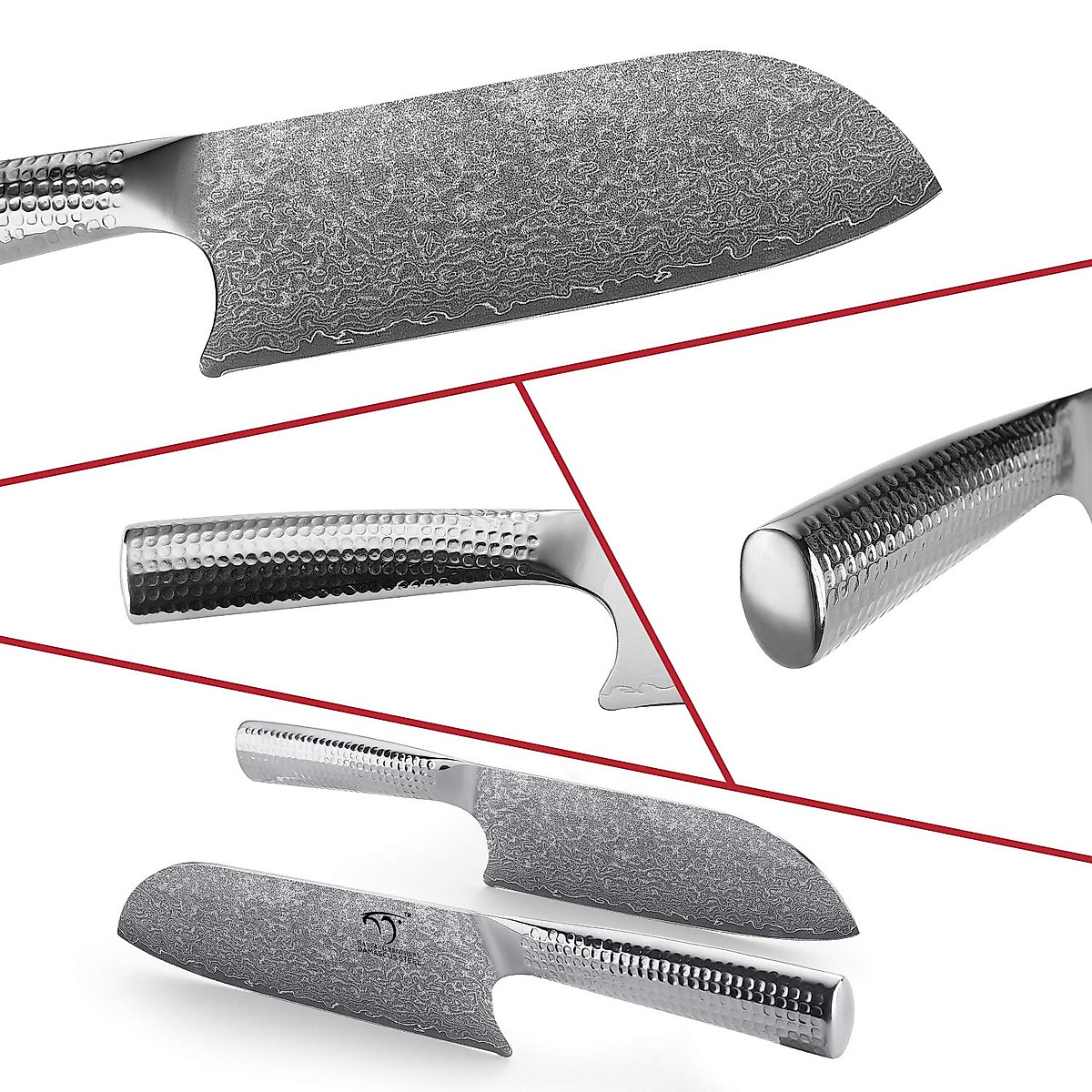 4 Pieces Damascus Kitchen Knife Set with Block, 8” Chef Knife, 7” Santoku Knife, 3.5” Paring Knife, 3 Slots Natural Wood Block, 67 Layer Handmade Damascus VG10 Steel Core, Hammered Ergonomic Handle