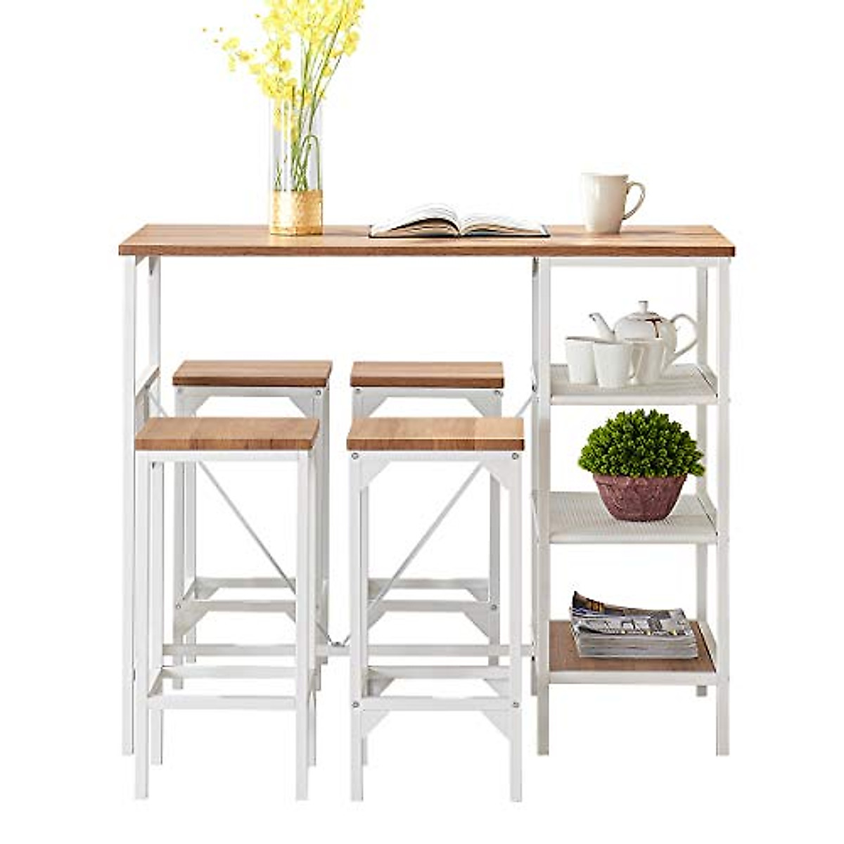 O&K FURNITURE Small 5-Piece Dining Room Bar Table Set, Modern Industrial Bistro Restaurant Dining Table and Stool Set, Home Kitchen Furniture, Oak Finish