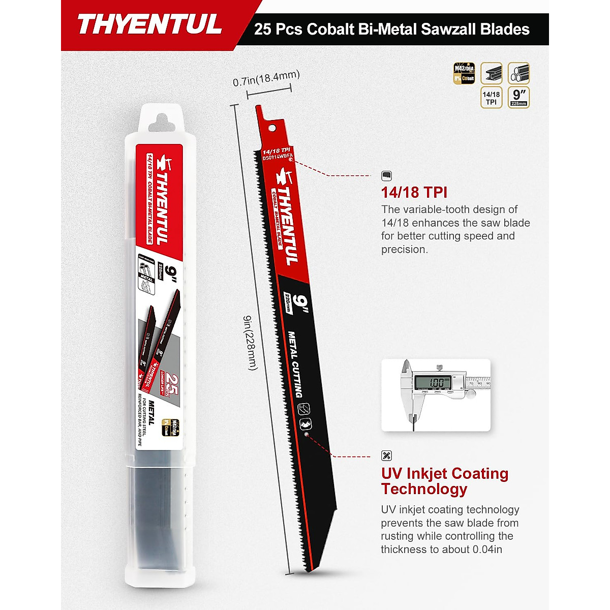 25 Pack,9 inch,14/18 TPI,Reciprocating Saw Blade Set,M42 Teeth with Cobalt Bi-Metal Blades, for Automatic Dismantling Sawzall Blades for 1/16-5/16 Medium Metals
