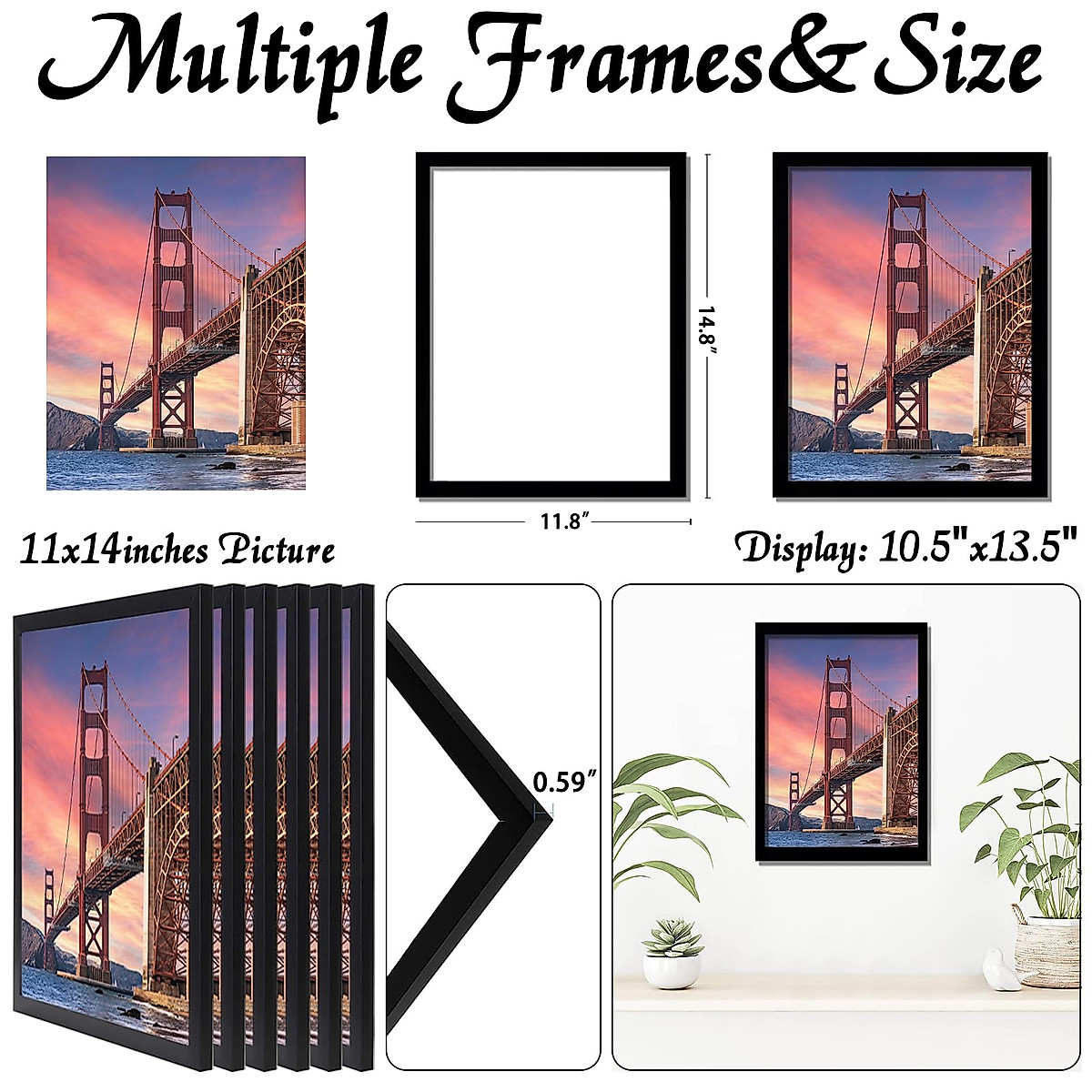 ijuerybai 6 Sets 11x14 Picture Frame, Frames for 11 x 14 Canvas Collage Photo Poster Certificate Wall Gallery, High Transparent Horizontal Vertical Black 11 by 14 Inches