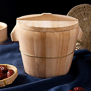 Cabilock 1 Set Wooden Rice Bowl Bucket Wooden Steamed Rice Barrel Handmade Cooking Rice Barrel with Stearmer Liner Lid and Rice Paddle for Home Chinese Restaurant Wood Color