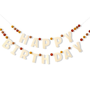 Boho Felt Happy Birthday Garland - Natural Handmade Wool Letters & Balls, Boho Birthday Decoration, Decorations for Children's Birthday Parties, Assembled Happy Birthday Banner