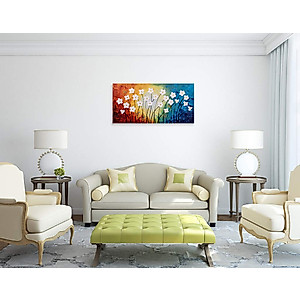 Yihui Arts Flower Pictures Wall Decor Hand Painted 3D Light Blue Yellow Red and White Canvas Oil Paintings Modern Big Horizontal Artwork for Living Room Bedroom Nursery Decoration