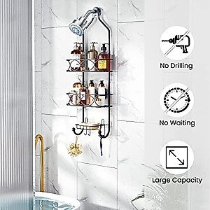 LEVERLOC Shower Caddy Over Shower Head Anti-Swing with Strong Suction Cup, Shower Organizer Hanging Rustproof with Hooks for Razor Towel and Sponge, Shower Shelf for Bathroom, Metal Black