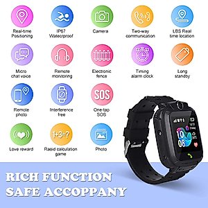 Kids Smart Watch, IP67 Waterproof LBS Positioning Watch HD Touch Screen, with SOS Two-Way Call Clock Camera SIM Card Slot Compatible with iOS and Android（Black）